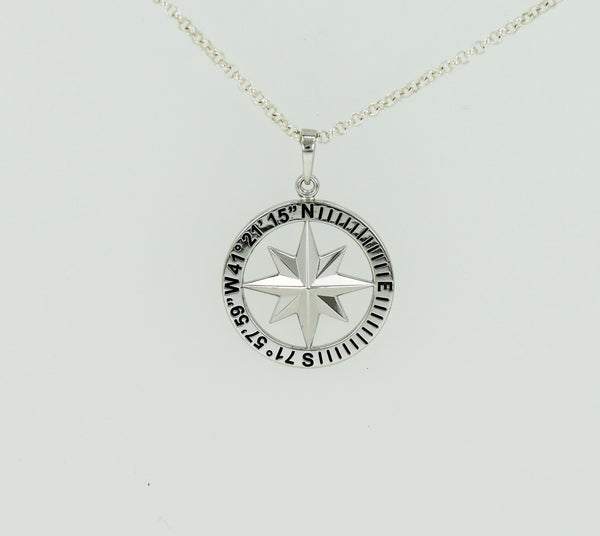 Compass Rose Custom Coordinates Grande Sterling Silver Pendant – Maggie ...