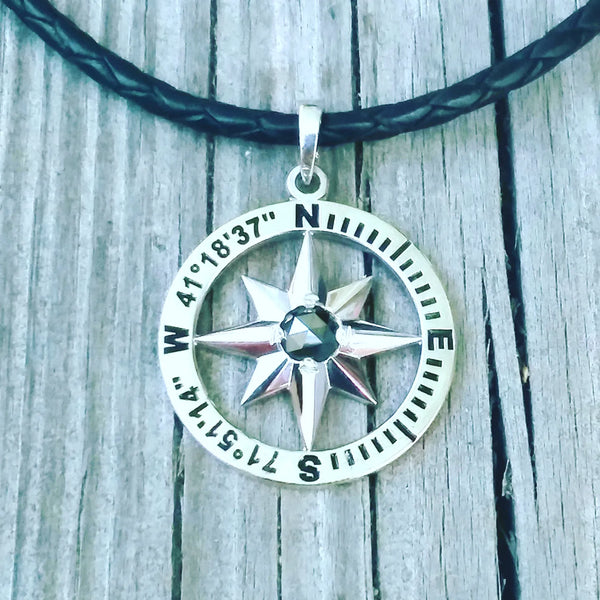 Compass Rose Custom Coordinates Grande Sterling Silver Pendant – Maggie ...