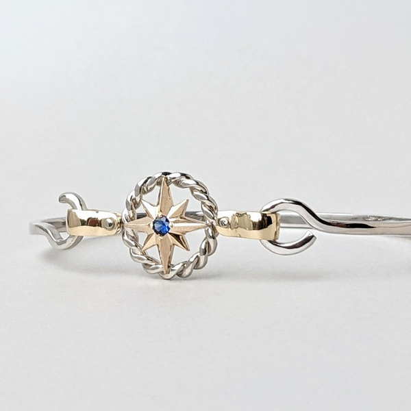Compass Rose 14K Gold Rope Frame Bangle Bracelet with Shackle Clasp ...
